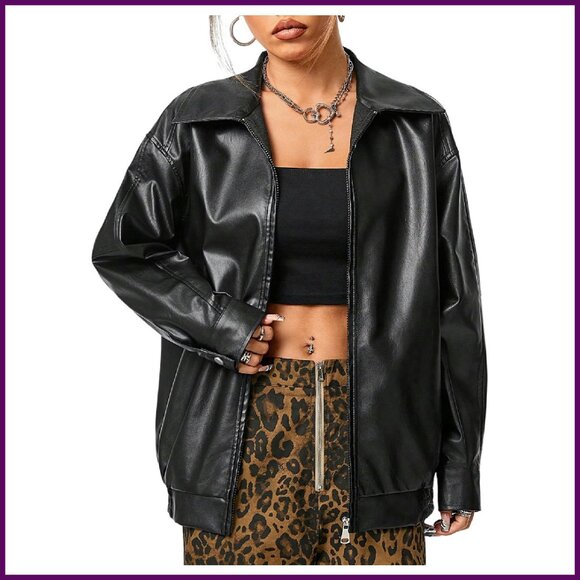 Jackets & Coats | Oversized Faux Leather Motorcycle Jacket Zip Front ...